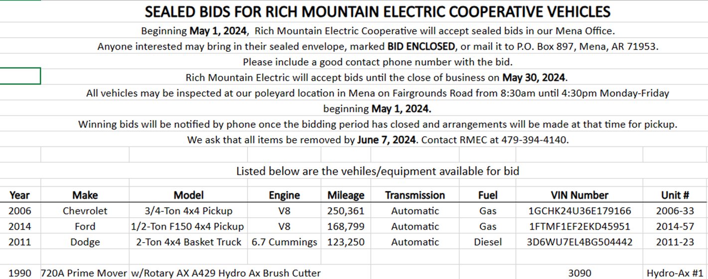 Accepting Sealed Bids for Used RMEC Vehicles - News - | Rich Mountain ...